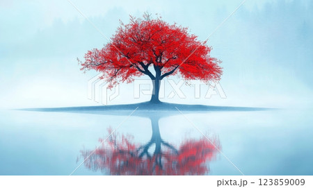 Red tree reflection in misty water, landscapeのイラスト素材 [123859009] - PIXTA