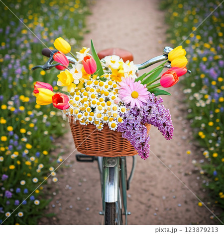 Bicycle with spring flowers in a basket on a...のイラスト素材 [123879213] - PIXTA
