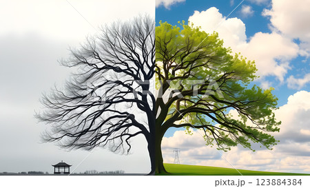 Tree half bare half green in a split imageのイラスト素材 [123884384] - PIXTA