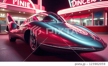 A futuristic silver car next to a retro dinerのイラスト素材 [123902059] - PIXTA
