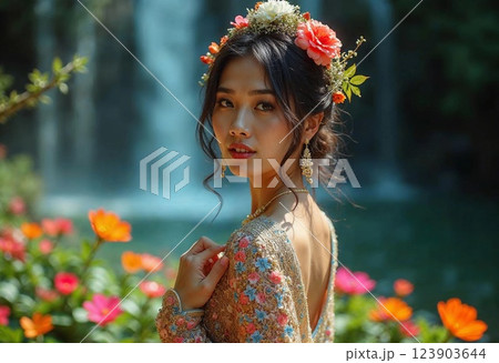 Captivating Beauty Adorned With Vibrant Blooms...のイラスト素材 [123903644 ...