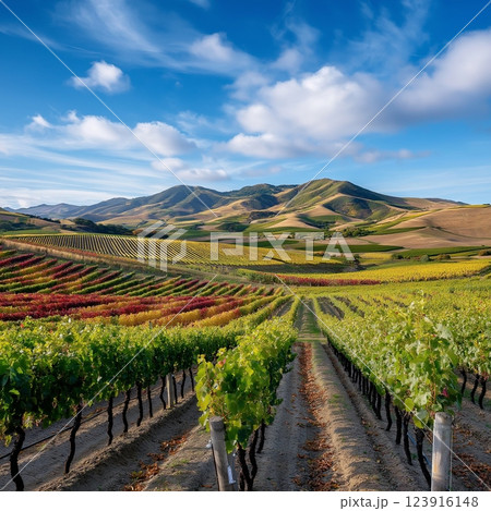 Vibrant vineyard landscape with colorful rows...のイラスト素材 [123916148] - PIXTA