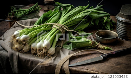 Spring onions and scissors on black background....のイラスト素材 [123933428 ...