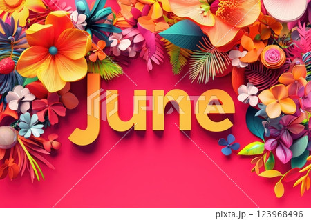 Bold yellow letters spell out June surrounded...のイラスト素材 [123968496] - PIXTA