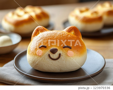 Cute Dog-Shaped Bread Bun with Smiling Face on...のイラスト素材 [123970336 ...
