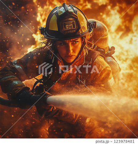 Fearless female firefighter battles fierce...のイラスト素材 [123978481] - PIXTA