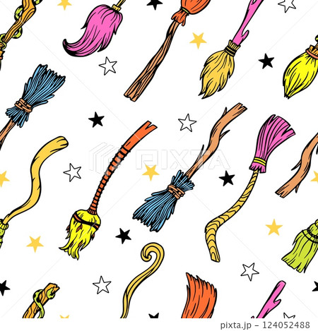 Witch brooms seamless pattern. Wizards witches...のイラスト素材 [124052488 ...