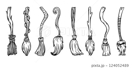 Doodle witch brooms. Magic flying broom for...のイラスト素材 [124052489] - PIXTA