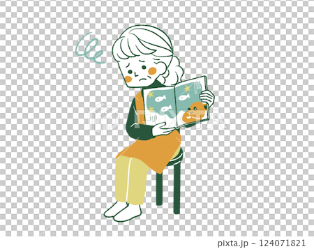 Woman having trouble reading picture books - 4... - Stock Illustration ...