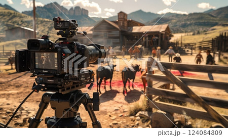 A film crew captures a western scene featuring...のイラスト素材 [124084809 ...