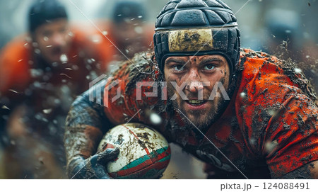 A fierce rugby player sprints through a snowy...のイラスト素材 [124088491] - PIXTA