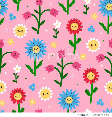 Seamless pattern with cute funny flowers....のイラスト素材 [124093339] - PIXTA