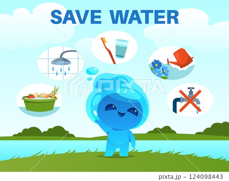 Save water. Cartoon drop character, funny...のイラスト素材 [124098443] - PIXTA