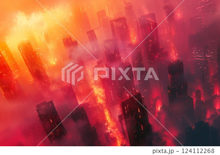 Futuristic City Engulfed in Fiery Apocalypseのイラスト素材 [124112268] - PIXTA