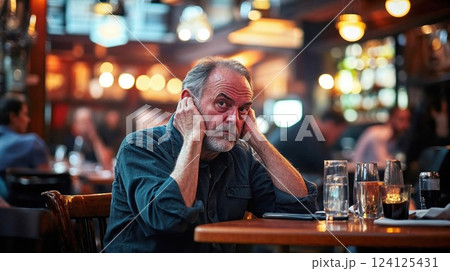 Frustrated mature man covering ears in noisy...のイラスト素材 [124125431] - PIXTA
