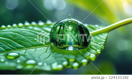 Close-Up of a Dew Drop Reflecting a Lush Forest...のイラスト素材 [124131192 ...