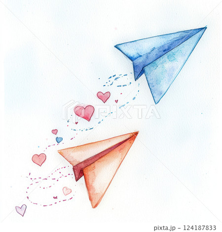 Watercolor paper airplanes with heart trails...のイラスト素材 [124187833] - PIXTA
