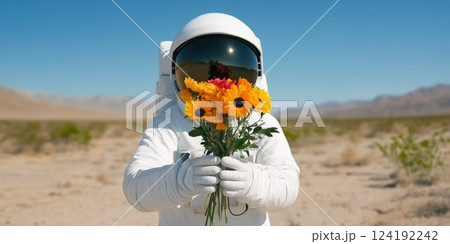 Astronaut Holding Flowers on Mars Landscapeのイラスト素材 [124192242] - PIXTA