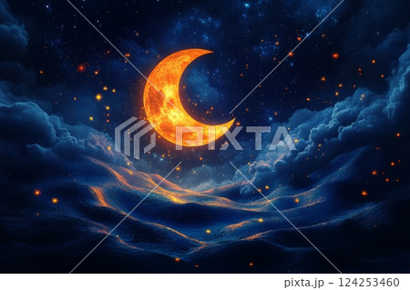 Crescent Moon Over Starry Waves Under Night Skyのイラスト素材 [124253460] - PIXTA