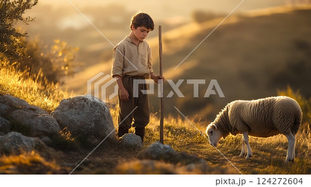 Shepherd boy watching over sheep on golden...のイラスト素材 [124272604] - PIXTA