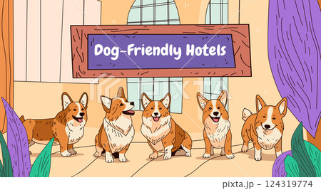 Corgi dogs in hotel lobby dog-friendly...のイラスト素材 [124319774] - PIXTA