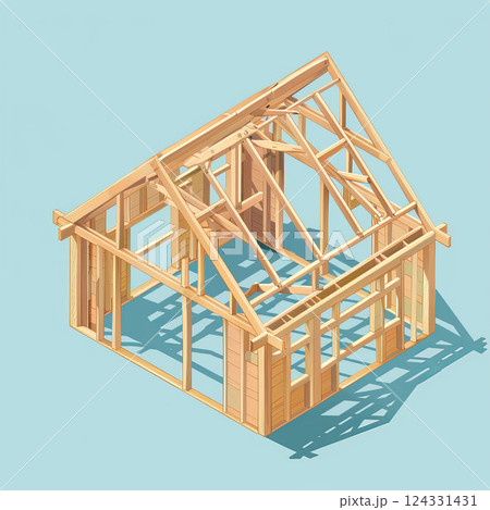 Isometric wood house frame, light brown...のイラスト素材 [124331431] - PIXTA