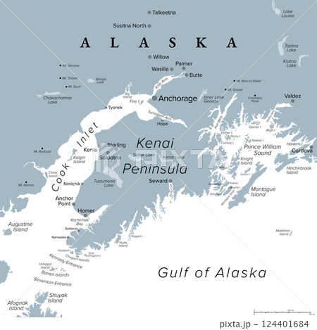 Anchorage and Kenai Peninsula, gray political...のイラスト素材 [124401684] - PIXTA