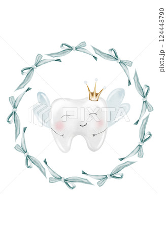 Baby tooth watercolor. Cute cartoon molar with...のイラスト素材 [124448790 ...
