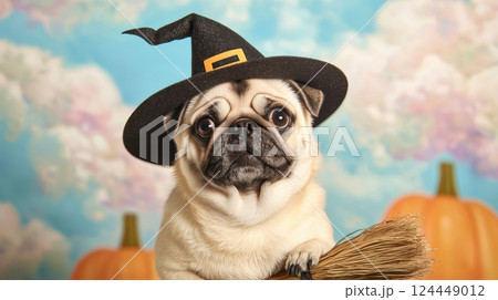 A cute pug wearing a witch hat sits on a...のイラスト素材 [124449012] - PIXTA