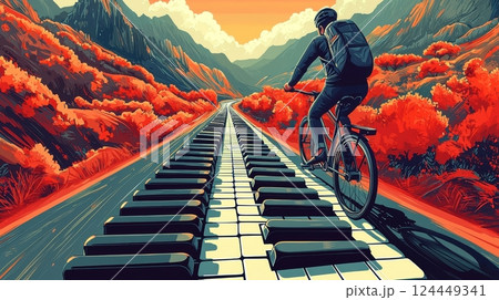 A vibrant scene depicting a cyclist riding on a...のイラスト素材 [124449341 ...