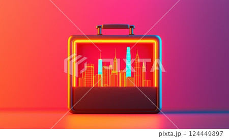 A glowing briefcase showcases a neon skylineのイラスト素材 [124449897] - PIXTA