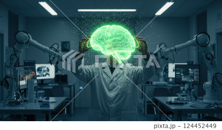 Scientist in a lab coat manipulating a glowing...のイラスト素材 [124452449 ...
