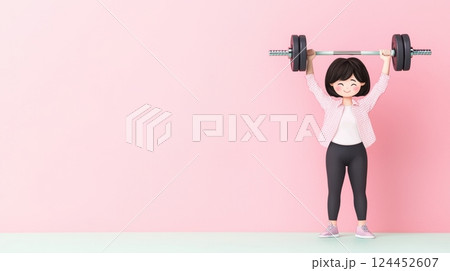 A cartoon-style character lifts a heavy barbell...のイラスト素材 [124452607 ...