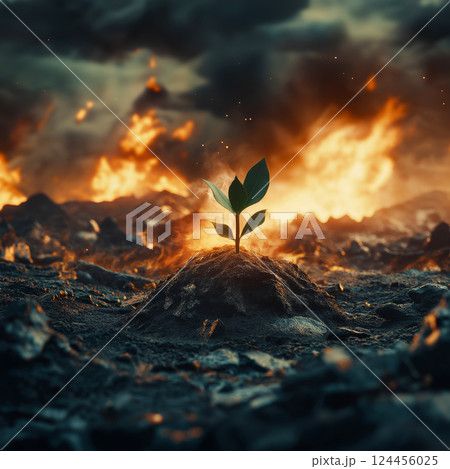Green plant surviving in burned soil in the war...のイラスト素材 [124456025 ...
