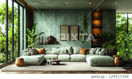 Modern living room with large windows, plush...のイラスト素材 [124517104] - PIXTA