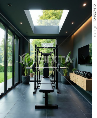 Modern home gym with skylight and fitness...のイラスト素材 [124537412] - PIXTA
