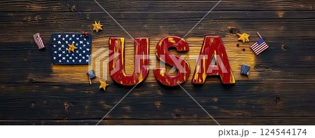 USA letters with stars and flags on wooden...のイラスト素材 [124544174] - PIXTA