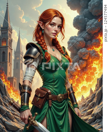Fiery fantasy realm: a warrior elf amidst...のイラスト素材 [124577494] - PIXTA