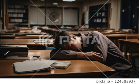 Exhausted college student caught napping at...のイラスト素材 [124588937] - PIXTA