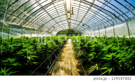 Commercial Cannabis grow in greenhpuse. Rows of...のイラスト素材 [124597882 ...