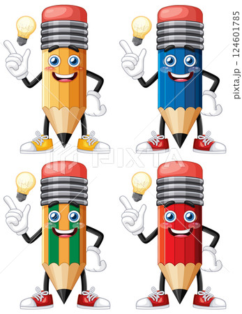 Colorful Cartoon Pencils with Light Bulbsのイラスト素材 [124601785] - PIXTA