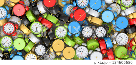 Pile of alarm clocks on multicolor background....のイラスト素材 [124606680 ...