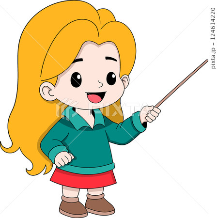 Cartoon Girl Character Explaining with Pointer...のイラスト素材 [124614220 ...