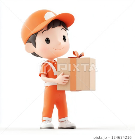 Smiling delivery boy holding a gift box, 3D...のイラスト素材 [124654216] - PIXTA