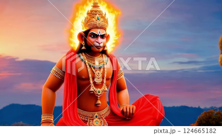 Majestic hanuman with flaming halo standing in...のイラスト素材 [124665182 ...