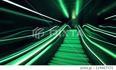 green neon escalator in modern architectureのイラスト素材 [124667378] - PIXTA
