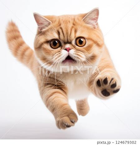 Purebred ginger Exotic cat in motion on a white...のイラスト素材 [124679302 ...