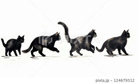 4 black watercolor cats in motion with yellow...のイラスト素材 [124679312] - PIXTA