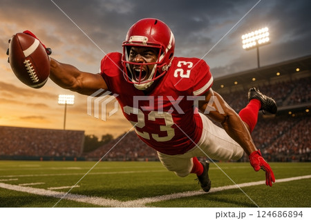 Football player in red jersey and helmet dives...のイラスト素材 [124686894 ...