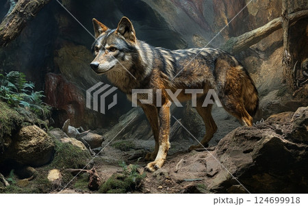 A Theriodictis stands vigilant atop a rocky...のイラスト素材 [124699918] - PIXTA